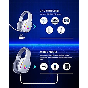 Jeecoo G80 Wireless Gaming Headset - 7.1 Surround Sound, Detachable Noise Canceling Mic, Low Latency 2.4G Wireless Gaming Headphones, Shining RGB - Works with PS4 PS5 PC Laptop Computers