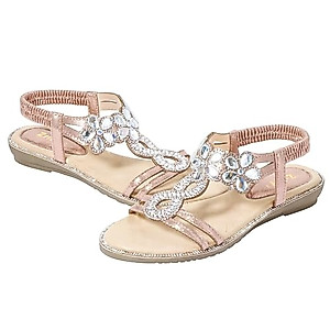 ZriEy Women's Open Toe Flat Sandals Beach Sandals Beaded Flower Rhinestone Flat Sandals Low Heels Dress Wedding Party Driving Shopping Travel Shoes Rose Gold Size 10