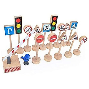 Kaptin 15 Pcs Wooden Street Signs Playset, Traffic Signs Lights Playset for Children Play