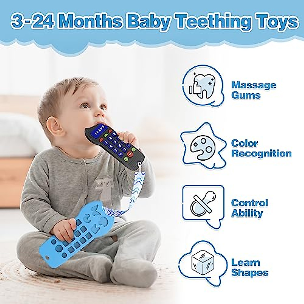 Safeswee 2 Pack Baby Teether, Montessori Teething Toys for 6-12 Months, Calculator Shape Remote Chew Set, Sensory Teething for Boys and Girls