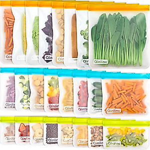 Qinline Reusable Food Storage Bags - 24 Pack BPA FREE Flat Freezer Bags(8 Reusable Gallon Bags + 8 Leakproof Reusable Sandwich Bags + 8 Food Grade Kids Snack Bags)