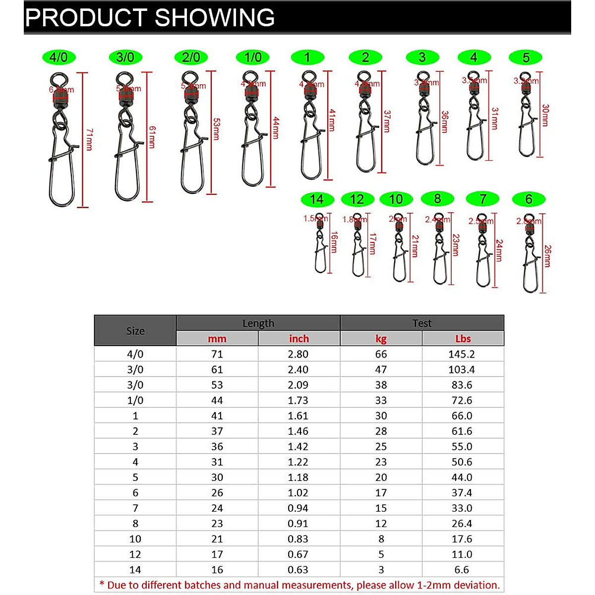 Unclesport 100pcs Fishing Rolling Swivel with Nice Snap Freshwater Bass Fishing Accessories Sea Fishing Gear 10#-0.83"/17LB