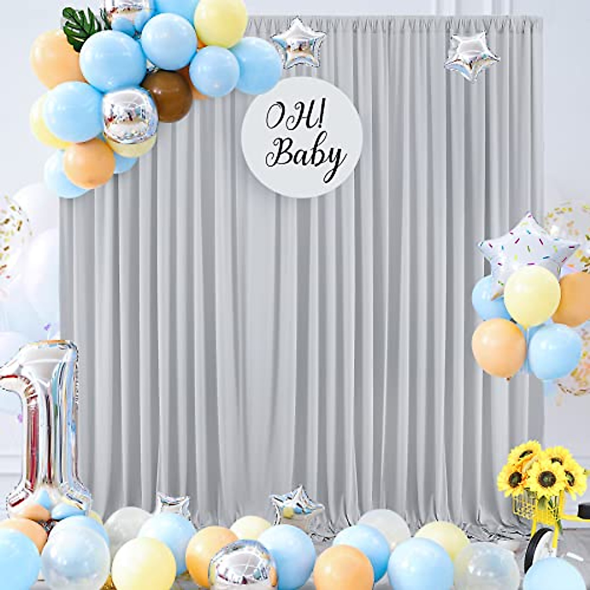 NSSONBEN Wrinkle Free 30ft×10ft Silver Grey Backdrop Curtain for Party Wedding 6 Panels 5ft×10ft Silver Grey Polyester Curtain for Backdrop Drapes Deco Birthday Baptism Photography Home