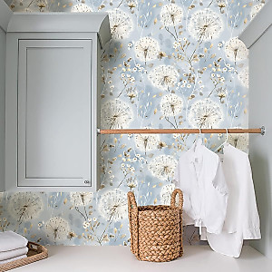 Nukofal Floral Peel and Stick Wallpaper Dandelion Floral Wallpaper Peel and Stick 15.7 inch x 118.1 inch Flower Wallpaper Blue/Gray/White Self Adhesive Removable Contact Paper for Cabinets Decor