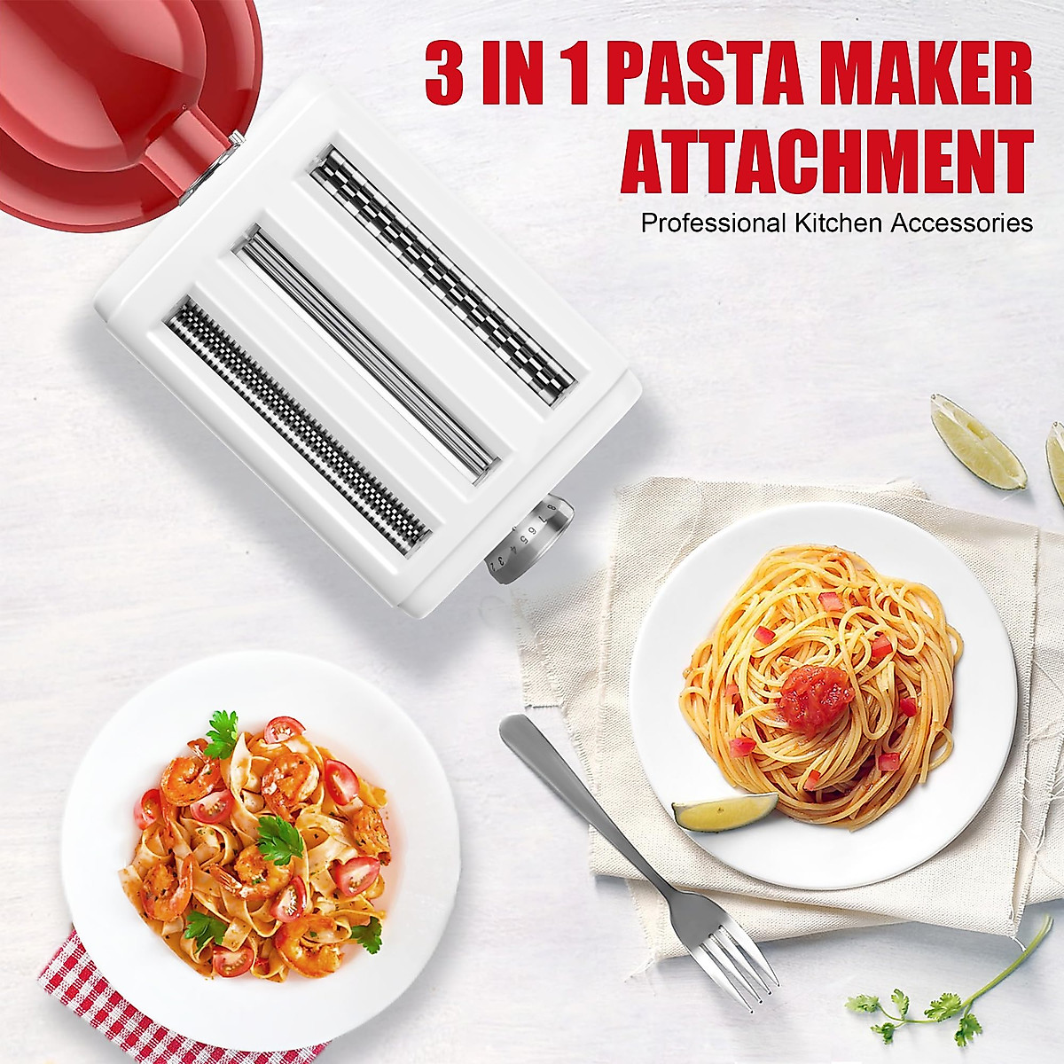 Pasta Maker Attachment for ALL KitchenAid Stand Mixers,Noodle Maker Kitchen Aid Mixer Accessories 3-in-1 Including Dough Roller Spaghetti Fettuccine Cutter and Cleaning Brush - Pasta Roller and Cutter