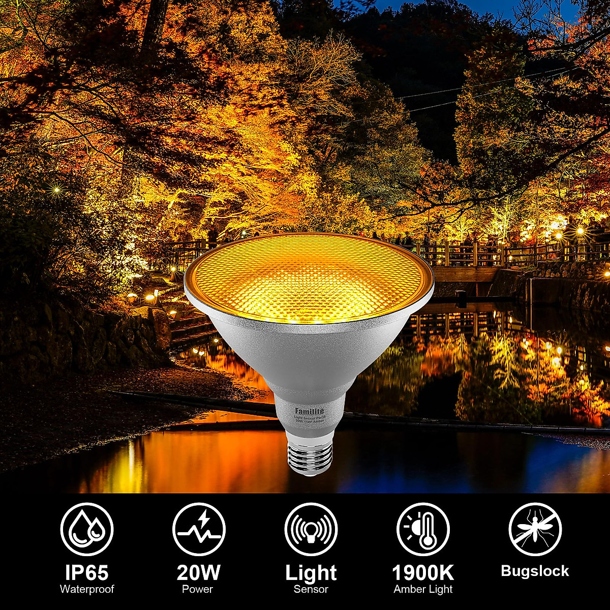 Familite LED Bug Light Bulbs, 1900K Yellow Outdoor PAR38 Flood Lights, Dusk to Dawn Auto On/Off Porch Lights, IP65 Waterproof, Replace up to 100W for Garage Hallway Yard Porch, 2 Pack