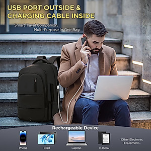 XJ-HOME Travel Laptop Backpack for Men, Water Resistant Leather 17.3" Computer Backpack, Large Personal Item Backpack Flight Approved with Shoe Bag for Business Work College Weekender, Black