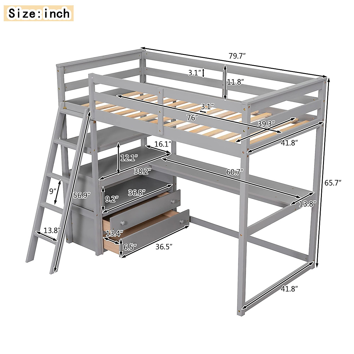 Twin Size Loft Bed with Desk and Drawers, Wood Twin Loft Bed with Storage Shelves, Angled Ladder and Wood Slat Support, High Loft Bed for Kids, Teens, Adults Boys & Girls, Gray
