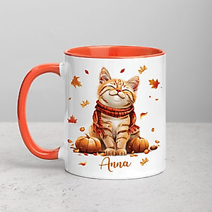 Hyturtle Personalized Fall Cat Mug - Cat Gifts For Women - Autumn Cat Gift For Cat Lovers - Fall Gift - Fall Autumn Decor Gift - Cat Gifts - Pet Gifts - Custom Name Coffee Cup Ceramic Mug 11oz - 15oz