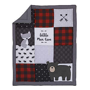 NoJo Little Love Little Man Cave Grey, Red, Black and Ivory, Bear, Fox, Moose, Buffalo Check and Arrows Rustic 3 Piece Nursery Crib Bedding Set - Comforter, Fitted Crib Sheet and Crib Skirt