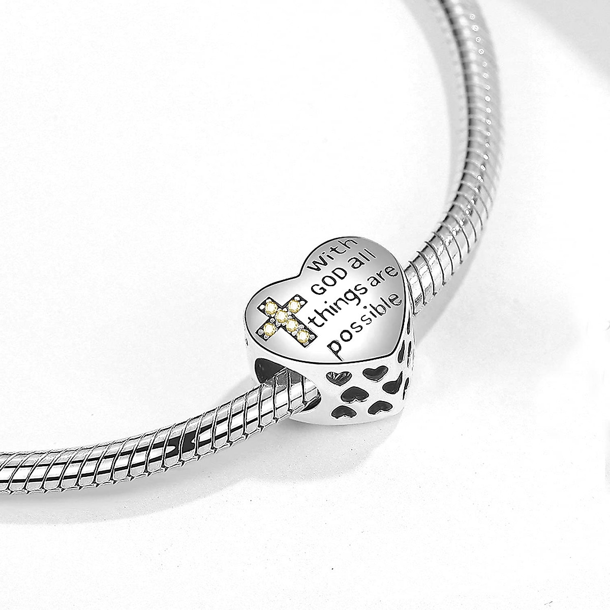 ORANGE FOREST 925 Sterling Silver Cross Charms for Charm Bracelets With God All Things Are Possible Religious Heart Beads Jewelry Gift for Women