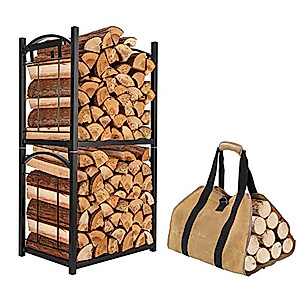 TQVAI 2 Tier Outdoor Firewood Rack, Indoor Fire Log Storage with Fire Tools Hanging Hooks and Waxed Canvas Wood Carrier Bag, Stacking Fireside Lumber Holder, Black