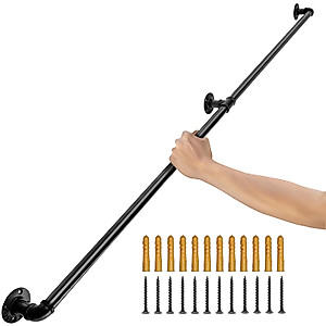 VEVOR Pipe Stair Handrail, 6FT Staircase Handrail, 440LBS Load Capacity Carbon Steel Pipe Handrail, Industrial Pipe Handrail with Wall Mount Support, Round Corner Wall Handrailings for Indoor, Outdoor