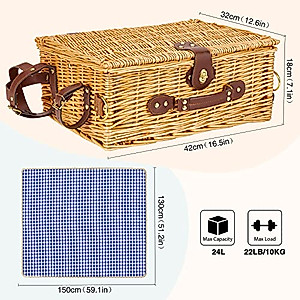 Greenstell Wicker Picnic Basket Sets for 4 Persons with High Sealing Insulation Layer,Waterproof Picnic Mat, Removable Strap and Wine Bag, Tableware, Picnic Basket for Family,Party,Outdoor,Camping