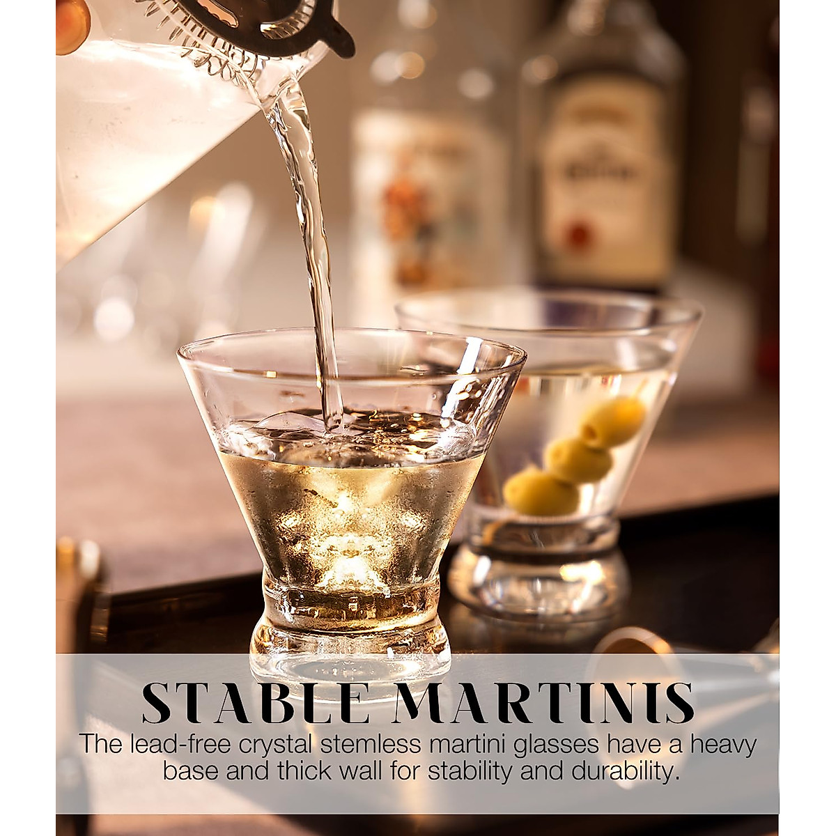 LUNA & MANTHA Martini Glasses Set of 4, Stemless Martini Cocktail Glasses for Margarita, Manhattan, Cosmopolitan, Home Bar, Evening Parties, Birthdays, Housewarming Gift, Crystal Clear 8 OZ