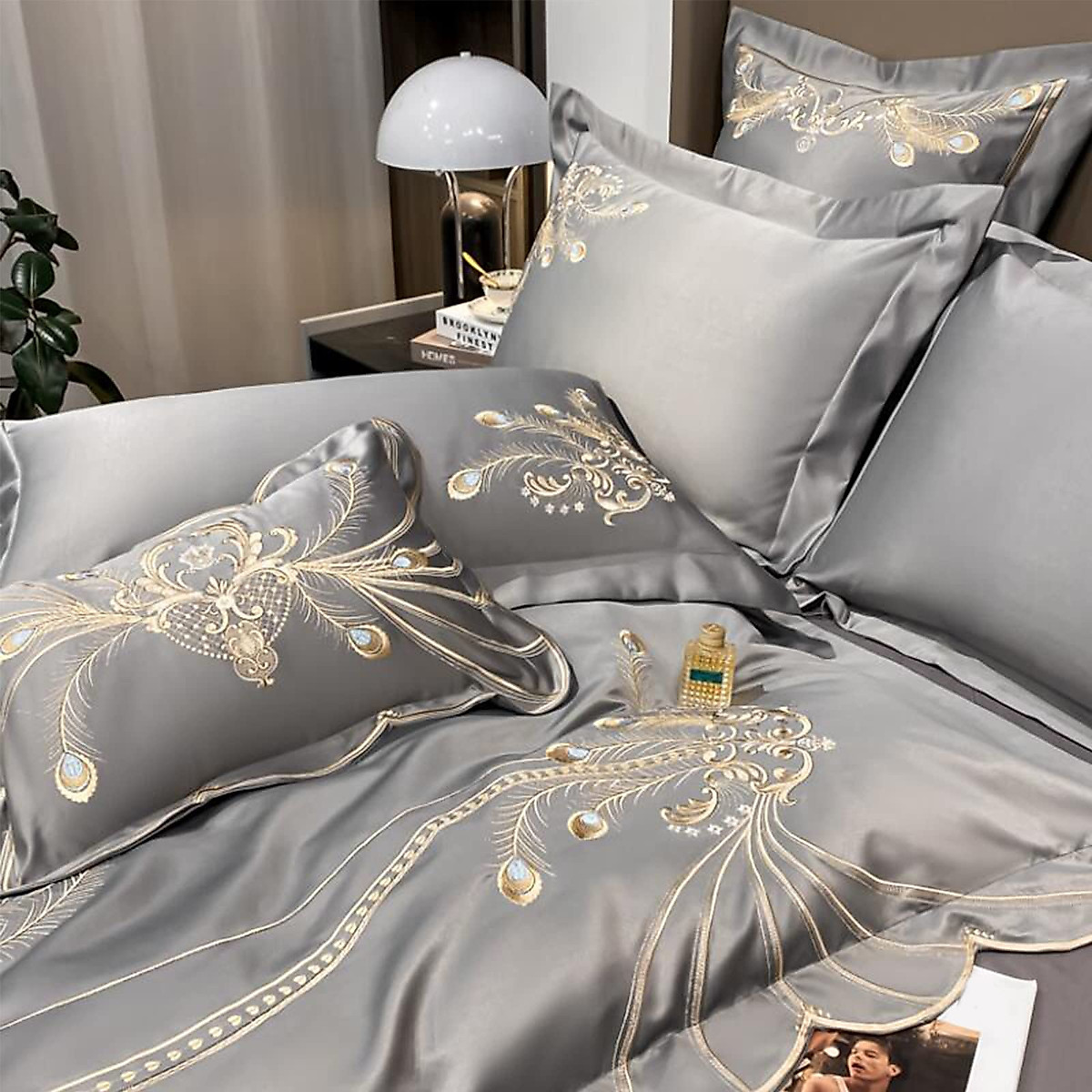 QQXX Luxury Embroidery Duvet Cover Set,Jacquard Silk Bedding Set,Cozy Breathable Microfiber Comforter Cover Set with Zipper Closure and Corner Ties for All-SeasonTies(Queen, Gray)