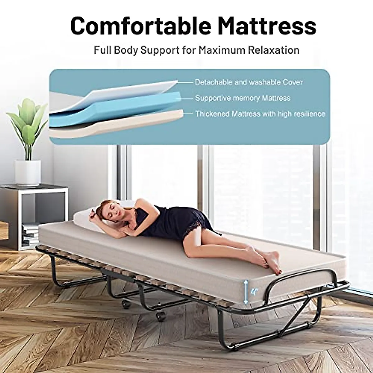 GOFLAME Rollaway Folding Bed with Memory Foam Mattress, Portable Guest Beds Cot Size with Sturdy Metal Frame for Spare Bedroom & Office