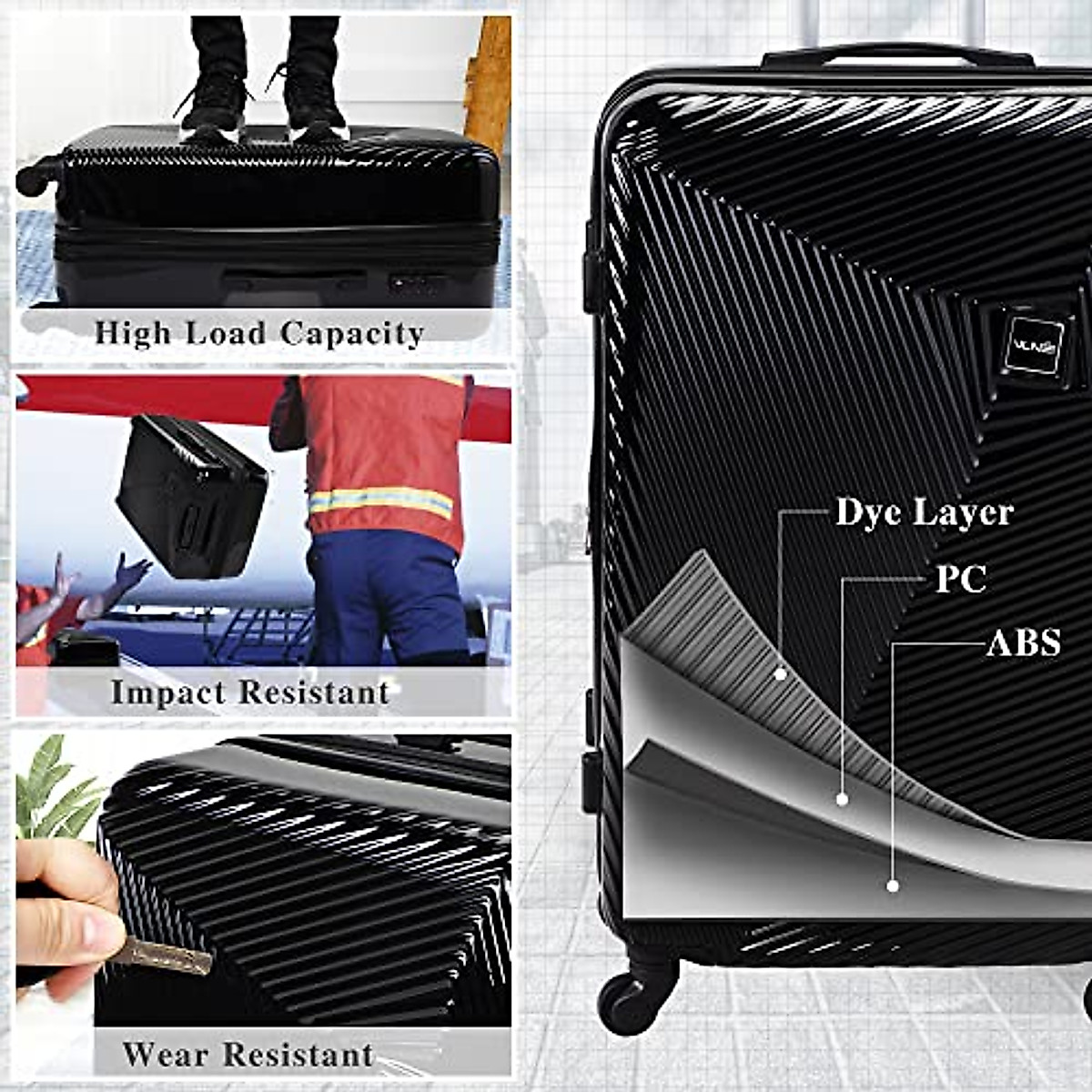 VLIVE HardShell Luggage Set with Spinner Wheel, 3 Pieces Suitcase Set with TSA Lock, Expandable Travel Suitcase Set (Black)