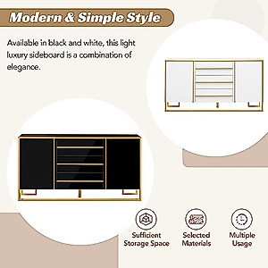 WADRI 59" Sideboard with 3 Drawers and 2 Cabinets, Wood Accent Storage Cabinet with Adjustable Shelves and Gold Metal Legs, Cabinet Console Table for Living Room, Home Office (Black + MDF-A46)