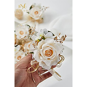 Meldel Champagne Prom Flower Wrist Corsage for Wedding, Set of 6, Rose Wrist Flower for Mother of Bride and Groom , Bride Bridesmaid Girl Women Party, Homecoming Ceremony Anniversary