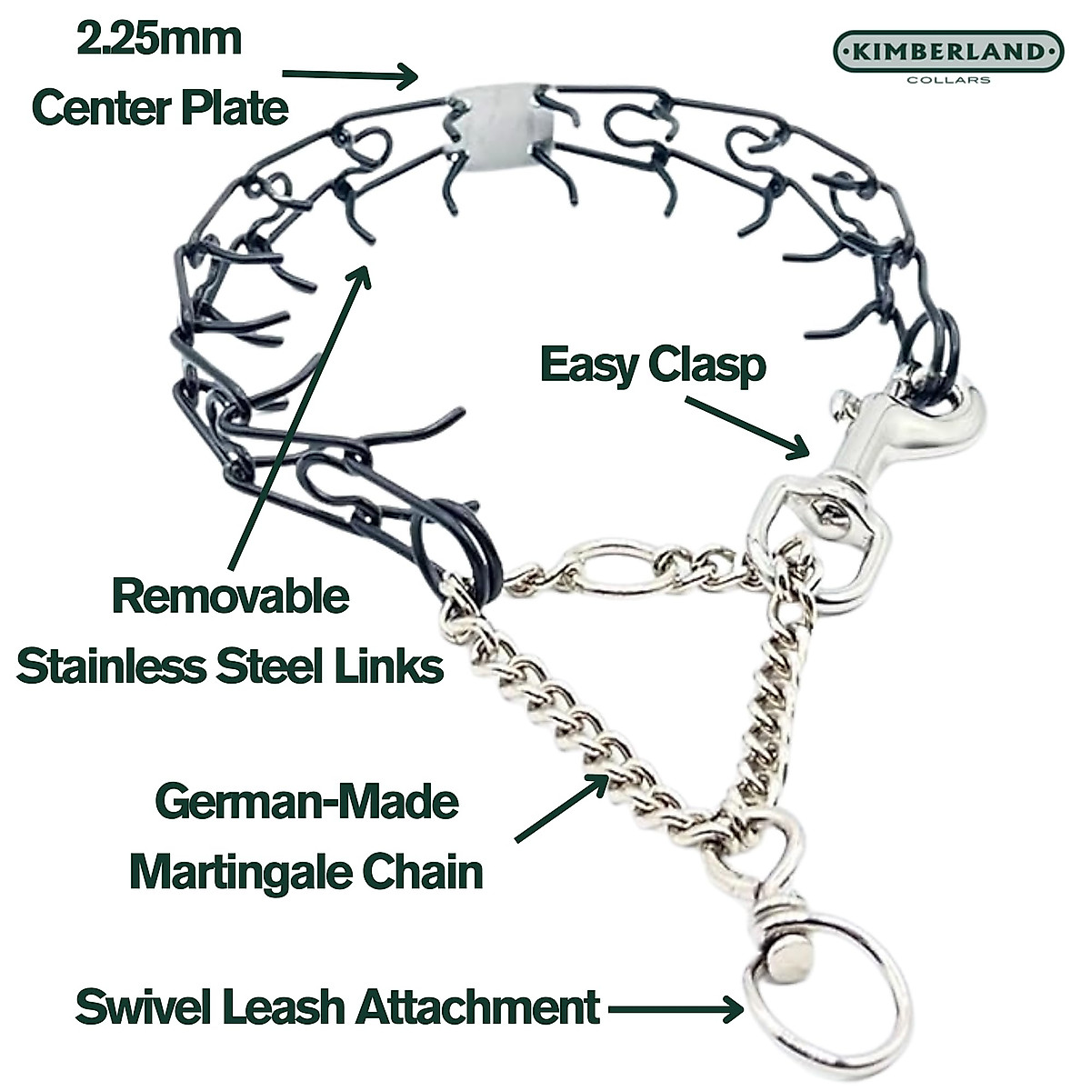 Kimberland Collars Clasp 2.25mm Stainless Dog Training Collar for Large Breeds | 16” Prong Collar for Dogs 26lbs & Up | No-Pull Collar | Dog/Puppy Training & Behavior Aid