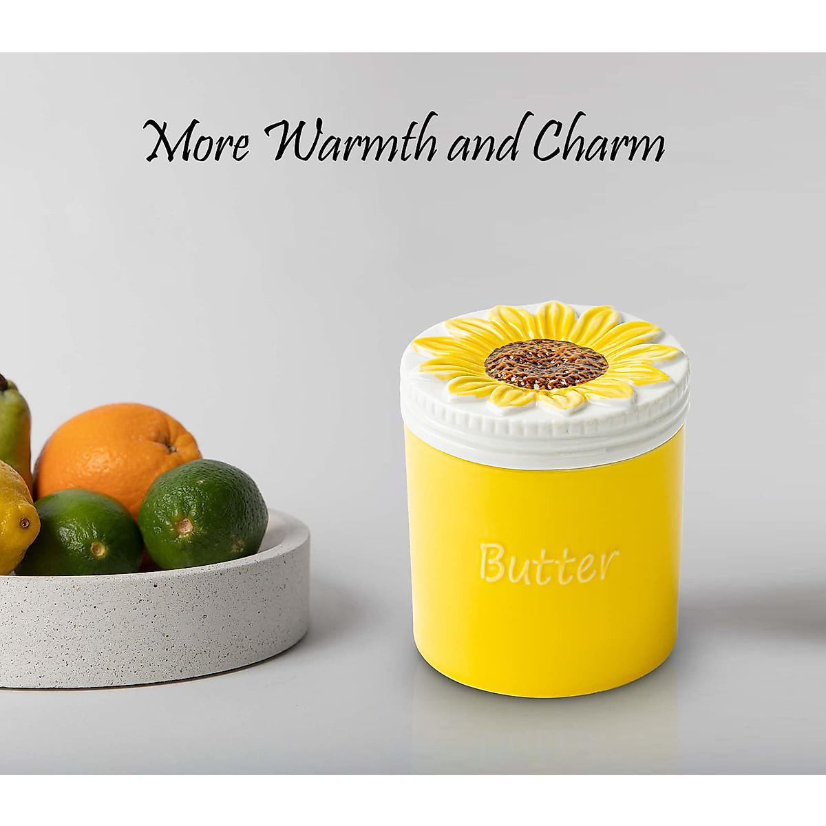 Sunflower Butter Crock Butter Keeper French Butter Dish Ceramic Cup Butter Holder With Water Line Non-Slip Design