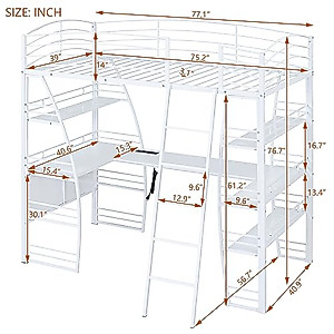 ALYSAHOME Twin Size Loft Bed with 4 Layers of Shelves and L-Shaped Desk, Stylish Metal Frame Bed with a Set of Sockets, USB Ports and and Wireless Charging, White