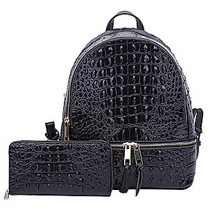 Crocodile Alligator Faux Backpack & Wallet Set (black)