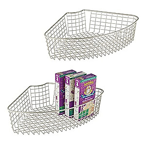 mDesign Wire Basket for Corner Cabinet Lazy Susan with Front Handle - Kitchen Cabinet, Shelf, and Pantry Corner Bin - 1/4 Wedge Metal Organizer for Lazy Susan - Concerto Collection - 2 Pack - Satin