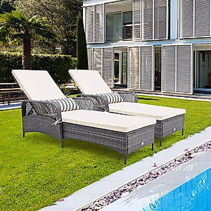 Tangkula Outdoor Chaise Lounge, Patio PE Recliner with 6-Level Backrest, Soft Seat Cushion & Waist Pillow, Heavy-Duty Metal Frame, Outside Chaise Lounge Chair for Poolside, Backyard