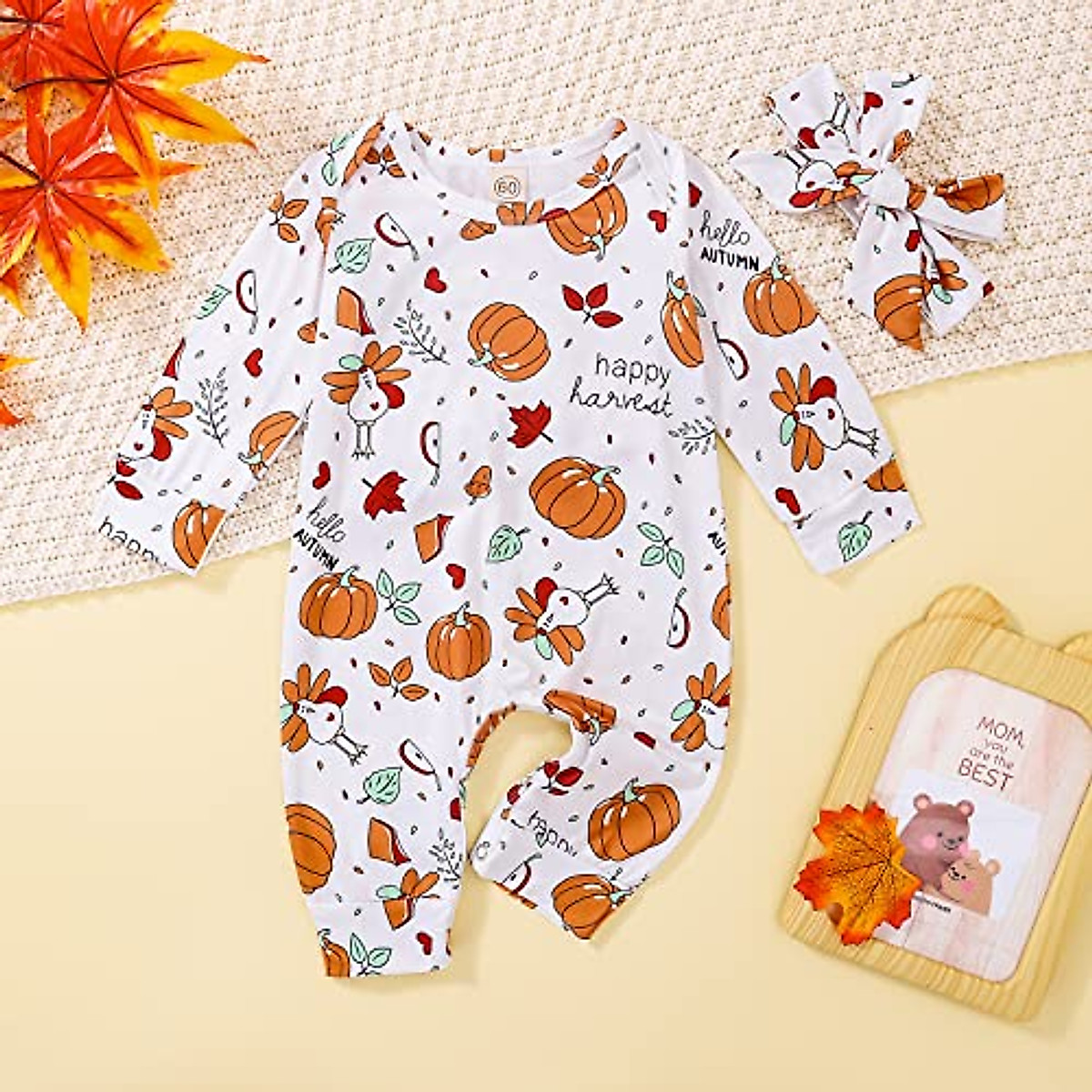 My First Thanksgiving Baby Boy Girl Outfit Long Sleeve Pumpkin Turkey Jumpsuit Thanksgiving Baby Girl Outfit Gift (A with Headband, 6-12 Months)