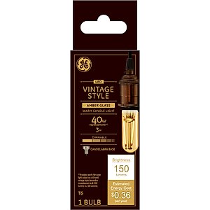 GE Vintage Style LED Tube Light Bulb, 3 Watts (40 Watt Equivalent) Warm Candle Light, Amber Glass, Candelabra Base, Dimmable (4 Pack)