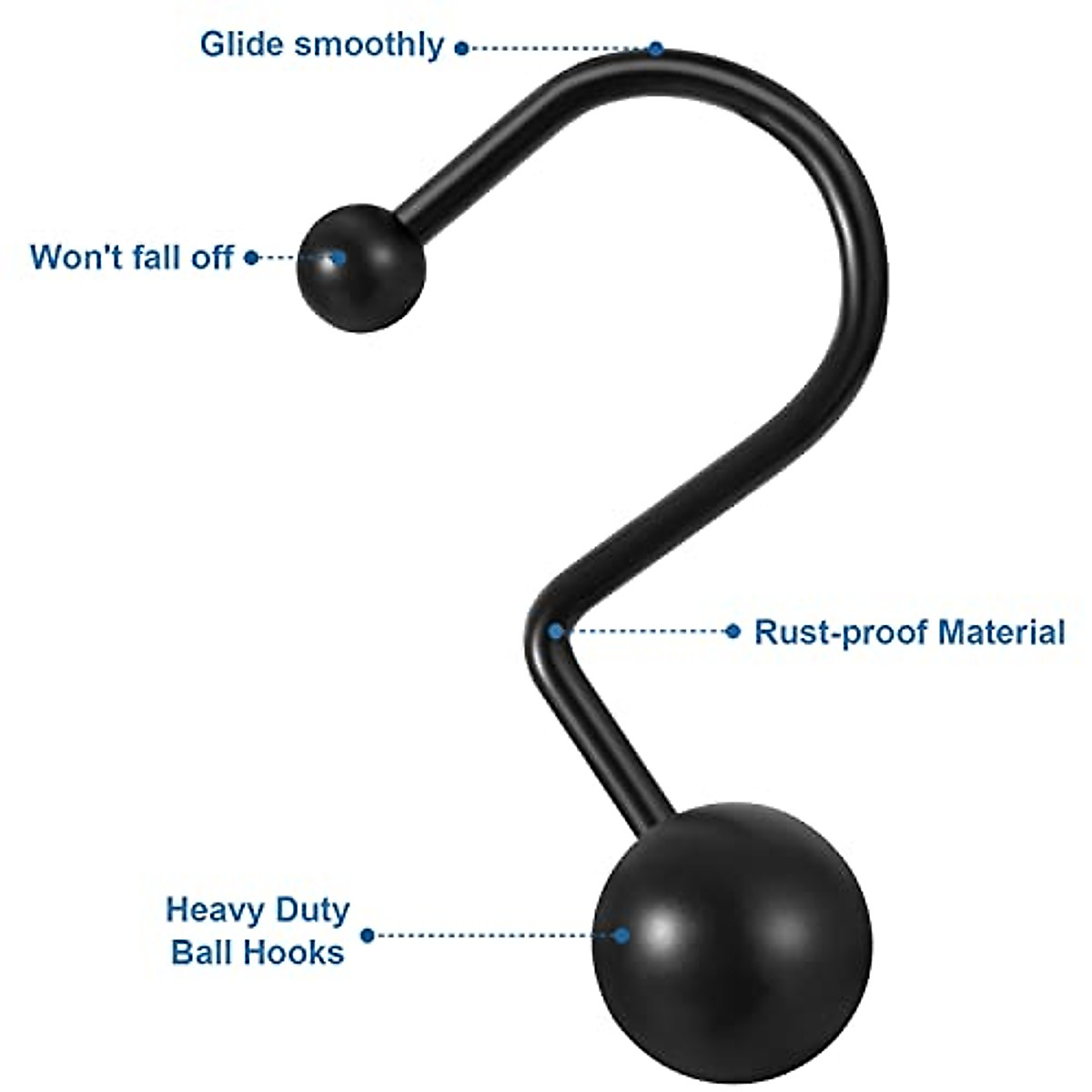 TOPROD Shower Curtain Hooks Rings, Classic Decorative Heavy Duty Shower Ball Hooks Rust Proof, Shower Rings Hangers for Bathroom Shower Curtain Rods Curtains, Free Gliding, Set of 12, Matte Black