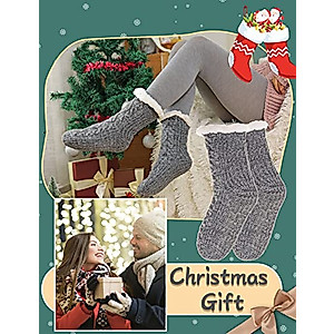 Fuzzy Slipper Socks for Women Fluffy Cozy Cabin Fleece Winter Warm Plush Home Thick Comfy Grips Non Slip Socks Christmas Gift Stocking Stuffer（Knit- Grey Blue）