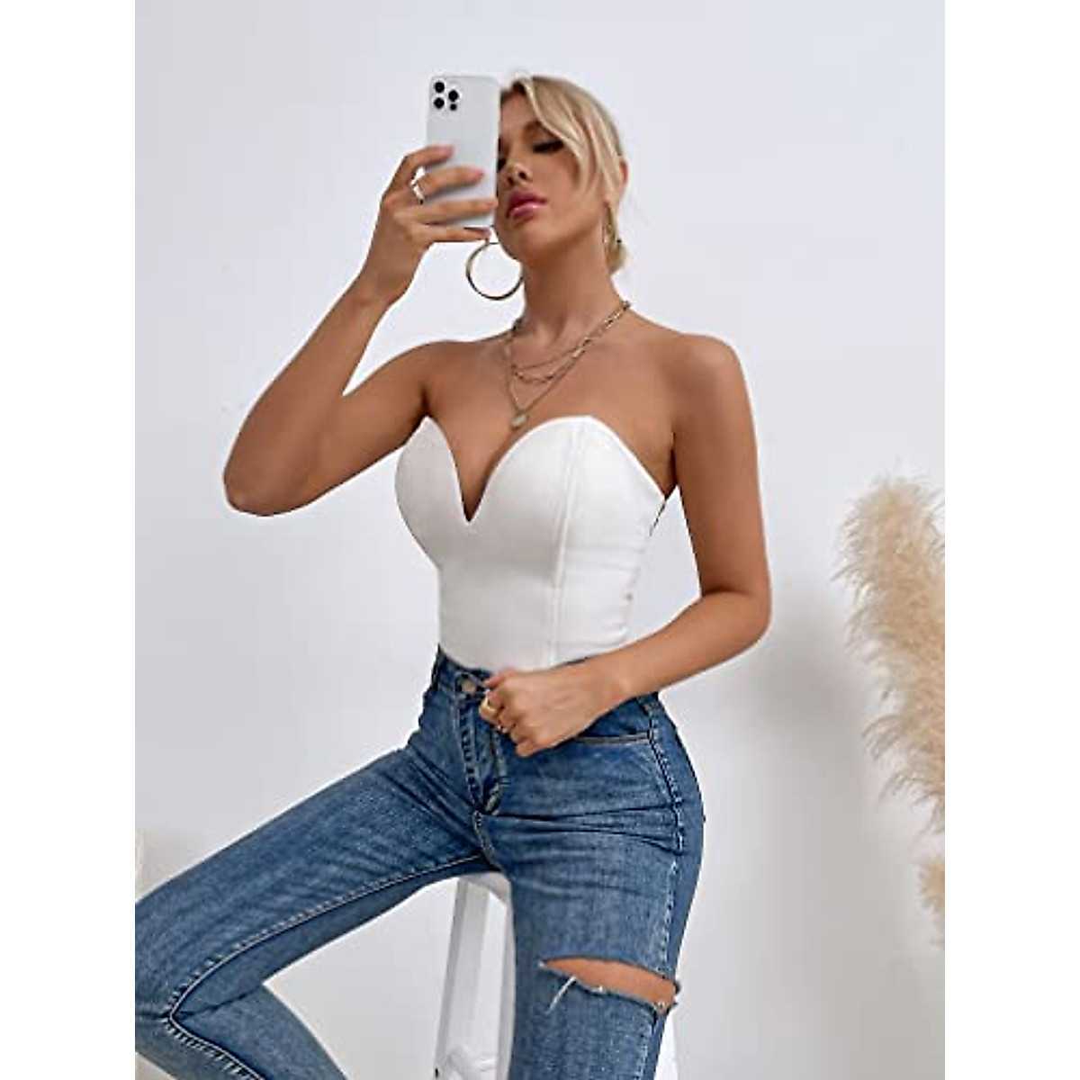 Clothink Women Strapless Velvet Bodysuit Back Lace Up Jumpsuit,Sexy Bodysuit Top Playboy Bunny Halloween Costume White M