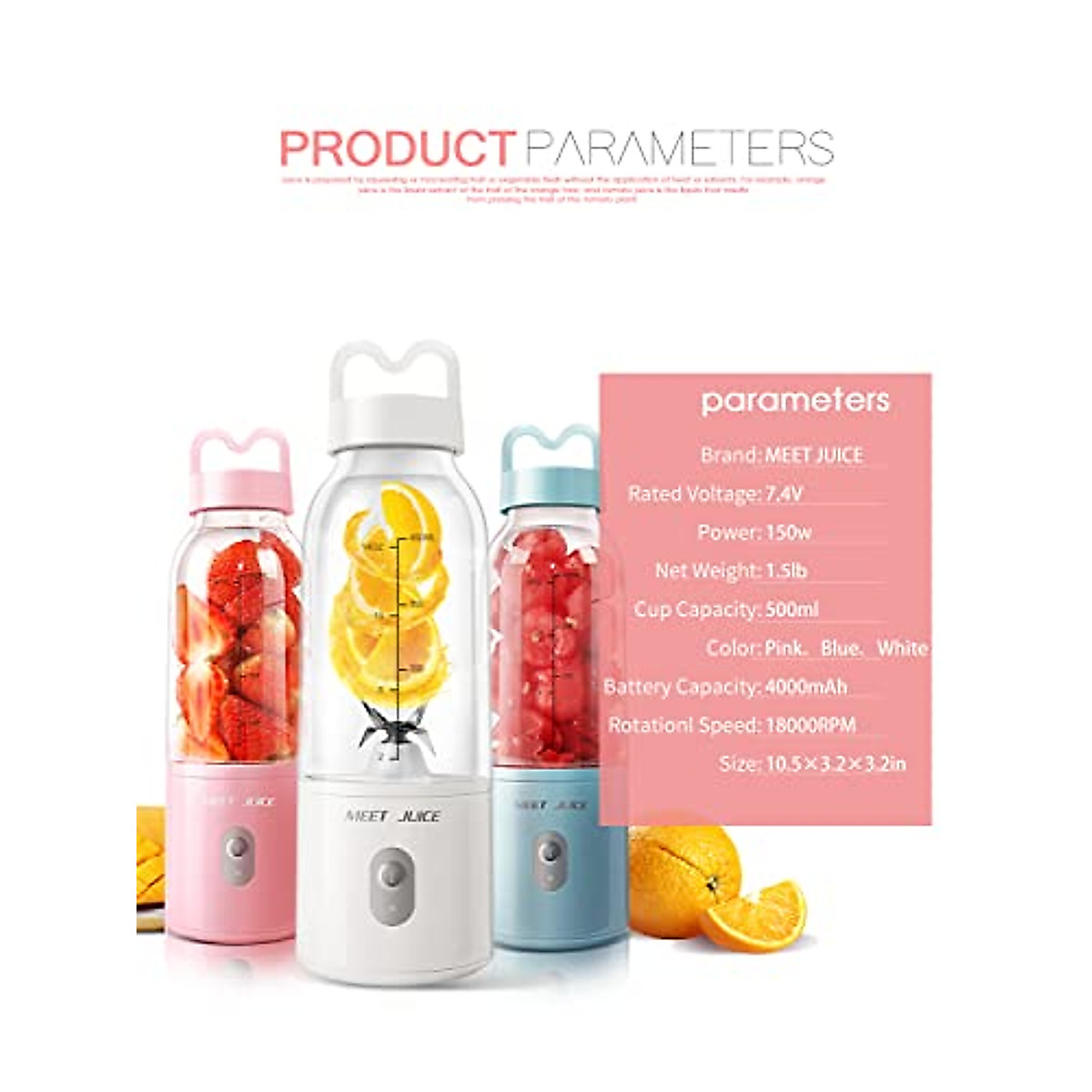 MEET JUICE Portable Personal Size Blender Mini Blender Large Capacity with 6 Blade Wireless Blender Making Shakes and Smoothies