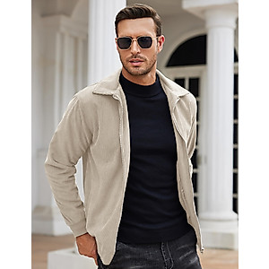COOFANDY Men's Casual Corduroy Lightweight Jacket Cream Collared Bomber Jacket