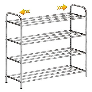 SKIKEN 4-Tier Expandable Shoe Rack, 100% Stainless Steel,4-Rod Extendable and Adjustable Feet, Simple Stretchable Shoe Shelf, Small Space Shoe Rack for Entryway, Stair Sides, Closet