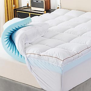 Whatsbedding Dual Layer 4 Inch Memory Foam Mattress Topper Queen Size, 3 Inch Memory Foam Plus 1 Inch Pillowtop Mattress Pad Filled 7D Down Alternative, Cooling Fiber Cover, Comfort Support