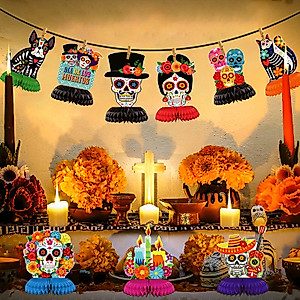 Day of The Dead Decorations 9 Pieces Dia De Los Muertos Honeycomb Table Toppers Cutouts Sugar Skull Flowers Centerpieces Day of the Dead Decor Mexican Party Supplies
