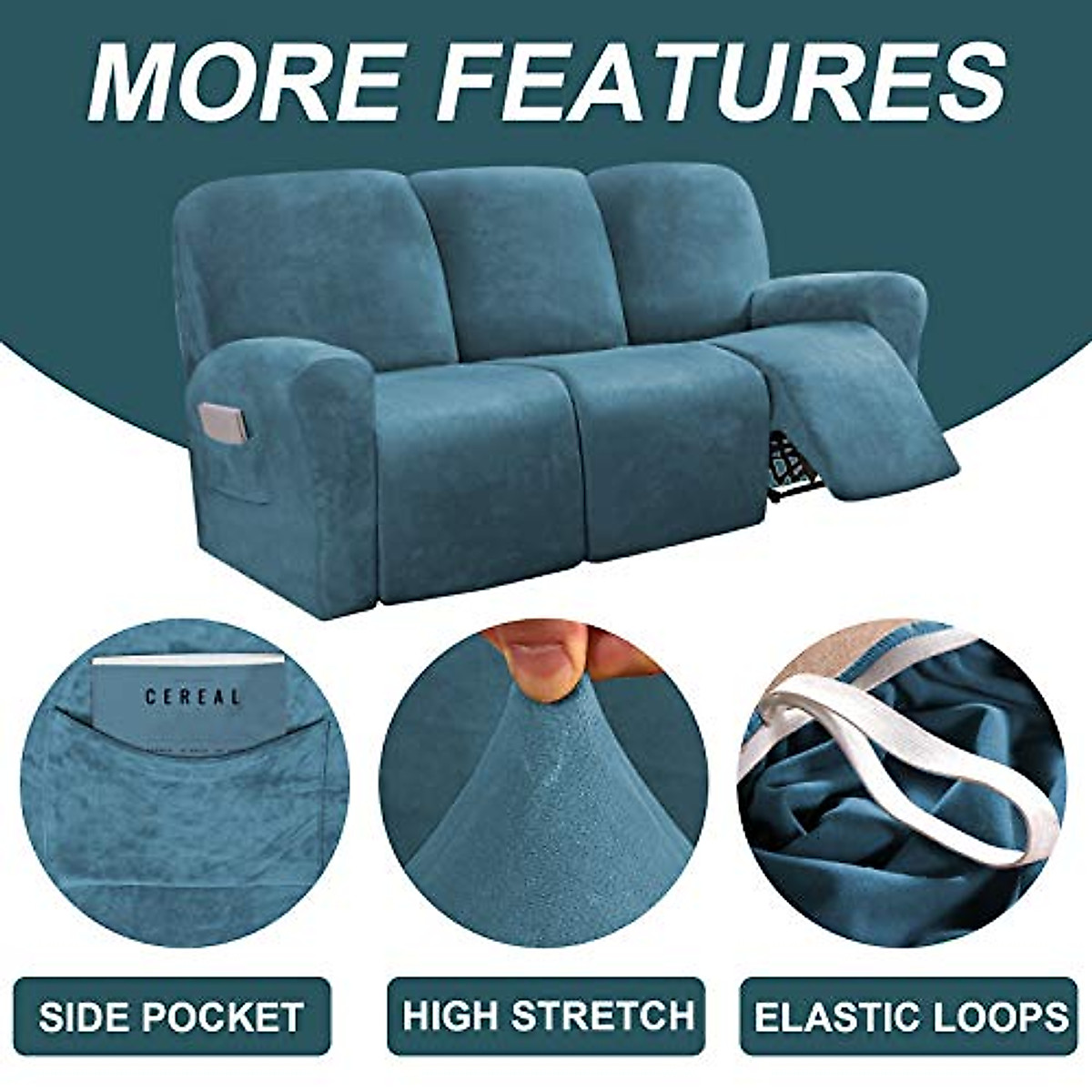 Esaytool Recliner Sofa Covers,Stretch Reclining Couch Covers for 1/2/3 Seat,Reclining Slipcovers Soft Furniture Protector Thick Soft Washable Reclining Sofa Slipcovers (Peacock Blue, Three Seat)