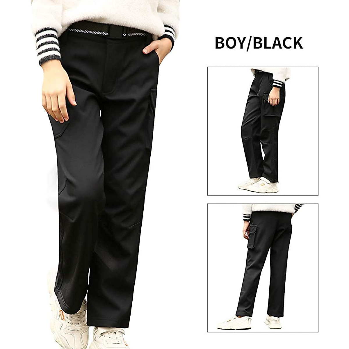 JOMLUN Boy's Fleece Lined Hiking Pants Outdoor Soft shell Snow Ski Waterproof Windproof Warm Cargo Insulated Trousers Winter