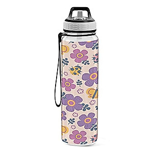 Wusikd Flowers Butterflies Water Bottle Tritan BPA-Free Drink and Straw Leakproof Motivational Ladybug Drinking Water Bottles with Carrying Strap for Office, Gym, Outdoor Sports