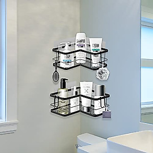 Adhesive Corner Shower Caddy,2 Pack Bathroom Corner Shower Basket Shelf With 6 Hooks Stainless Steel Shower Storage Organizer Shampoo Holder, No Drilling Shower Shelf Basket Bathroom Shelf Rack