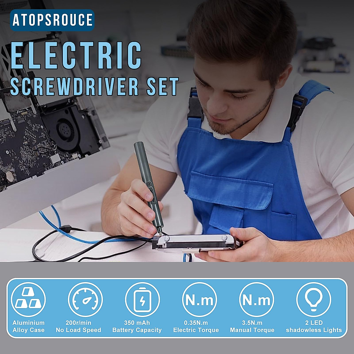 3.7V Mini Electric Screwdriver, 24 IN 1 Cordless LED Light Mini Screwdriver Set with 24 S2 Magnetic Bits, 2 Torque Settings, Precision Screwdriver Set Tool Set for Phone|PC|RC|Watch