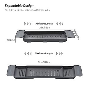 2 Pack Expandable Caddy Bath Tray for Tub, Multifunctional Drain Bathtub Shelf with Non-Slip Extending Grip for Tub Against Wall, Kitchen Dish Drying, Tub Organizer with Foldable Storage Baskets