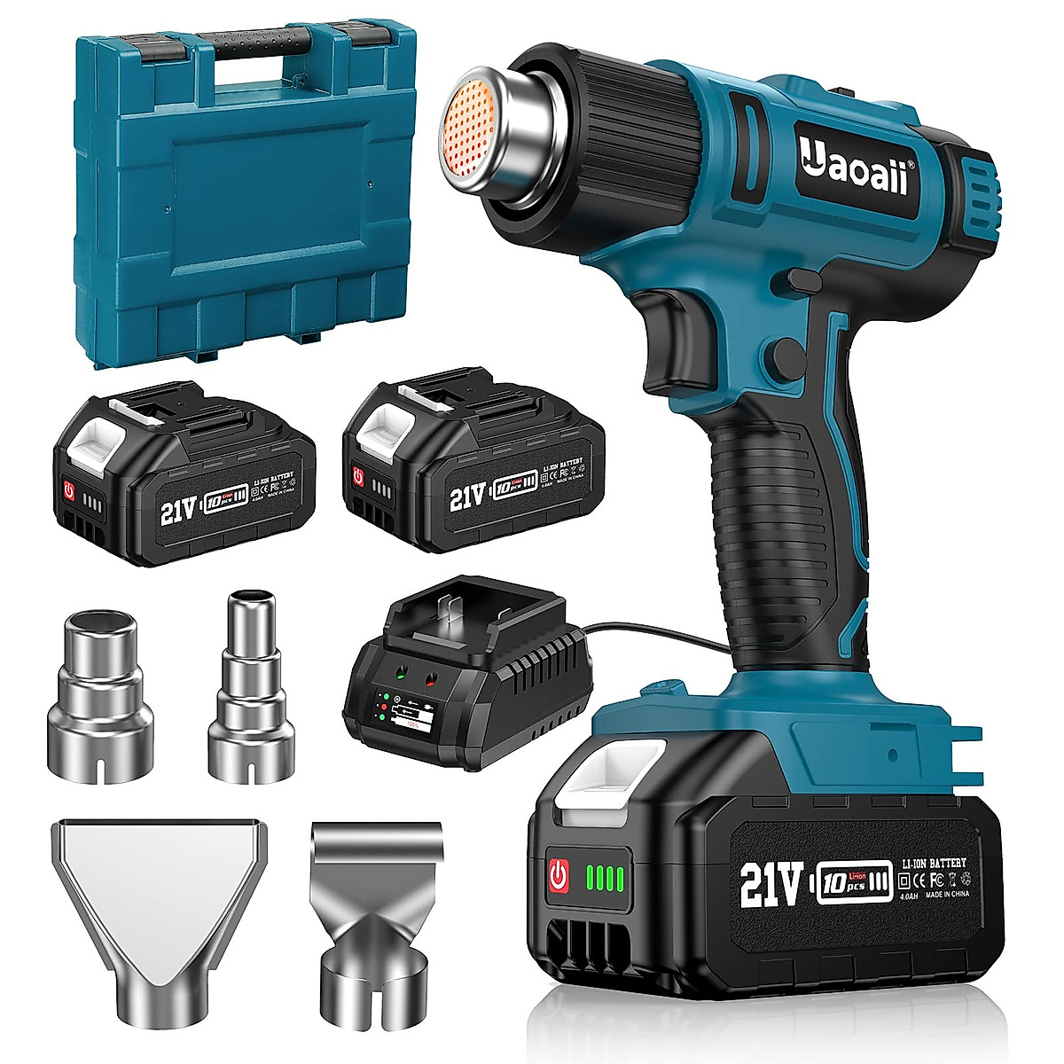 Cordless Heat Gun, Uaoaii 21V Hot Air Gun w/ 2x 4.0Ah Rechargeable Battery, 4 Nozzle, Led Light & Suitcase, 2-Temp Setting Max 1022°F(550°C) Heat Gun for Crafts, Shrink Tubing, Resin & Decorating