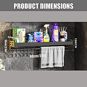 24HOCL Floating Shelves Wall Mounted with 7 Removable S Hooks, Adhesive/Drill Installation Wall Shelves for Bedroom/Bathroom/Living Room/Kitchen/Laundry Room, Storage & Decoration, Black/Gold