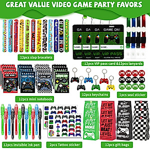 146 Pcs Video Game Party Favors, Gamer Party Favors -Ink Pen Notebook VIP Passes with Lanyards Slap Bracelets Keychains Bags Tattoo Stickers for Kids Gaming Party Favors Game On Birthday Party Favor