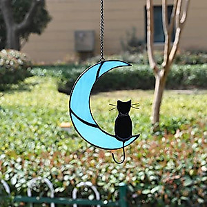 Zedesey Cat Memorial Gifts Stained Glass Black Cat Decor Window Hanging Ornament Garden Suncatcher Gifts for Cat Lover Cat Gift for Women (Black Cat on Blue Moon)